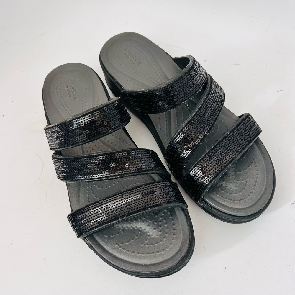 CROCS Women’s Boca Wedge Black Sequins Strappy Sandal… - Gem